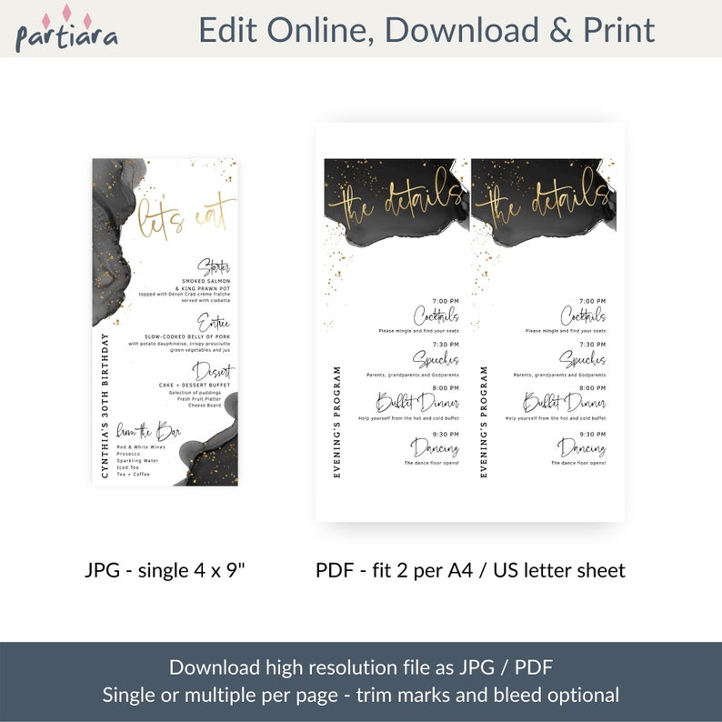 Black Gold Menu and Program DIY Editable Adult Birthday Party Menus ...