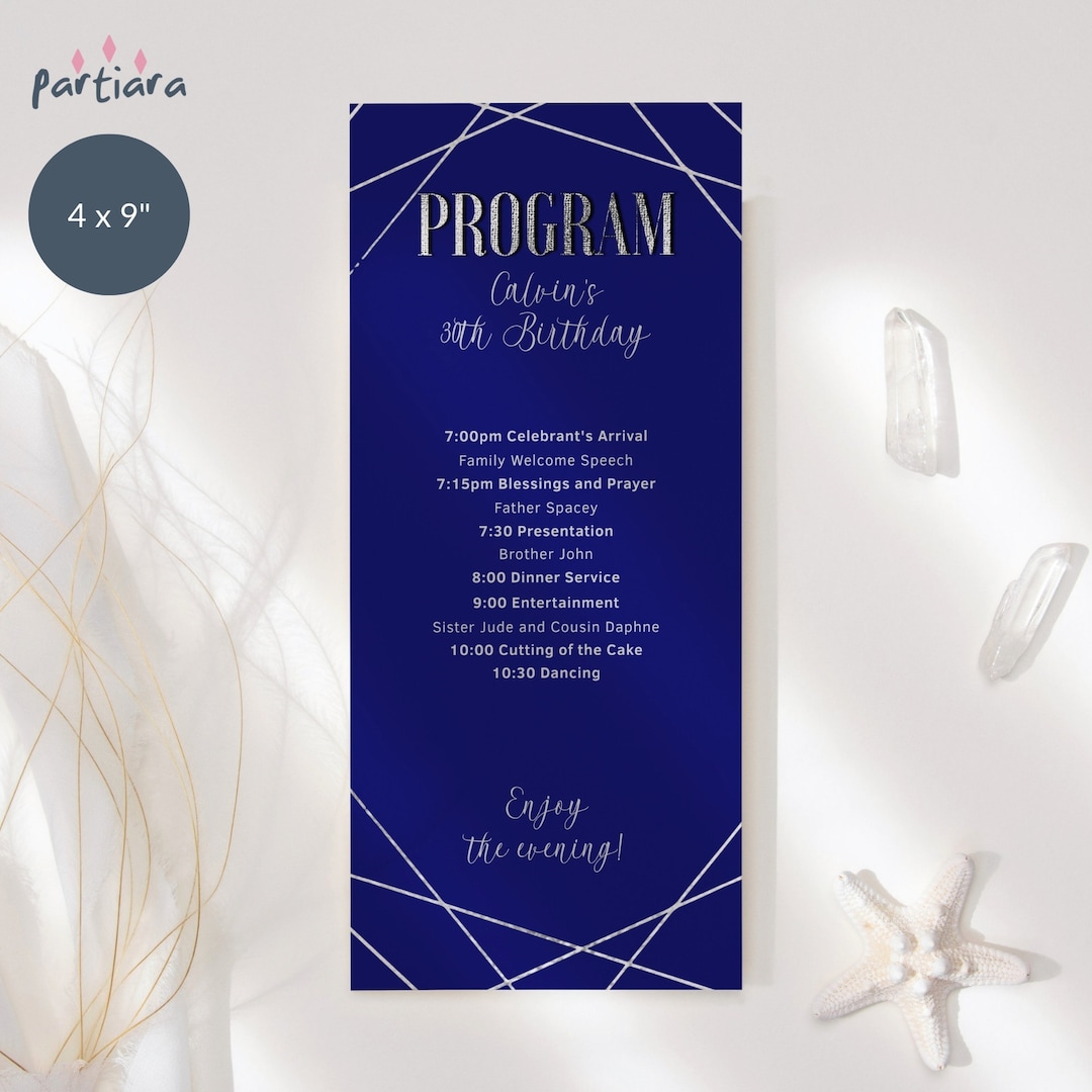 Blue Silver Program Card Template, Editable Birthday Dinner Party Table ...