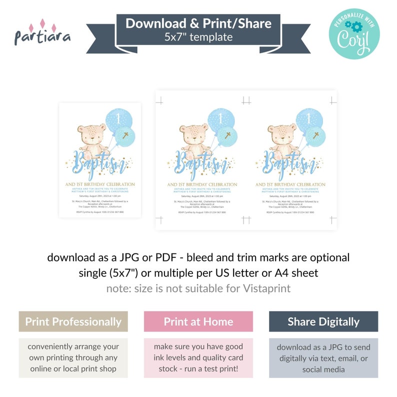 Editable Boy Baptism Invite Teddy Bear Baptism and 1st - Etsy