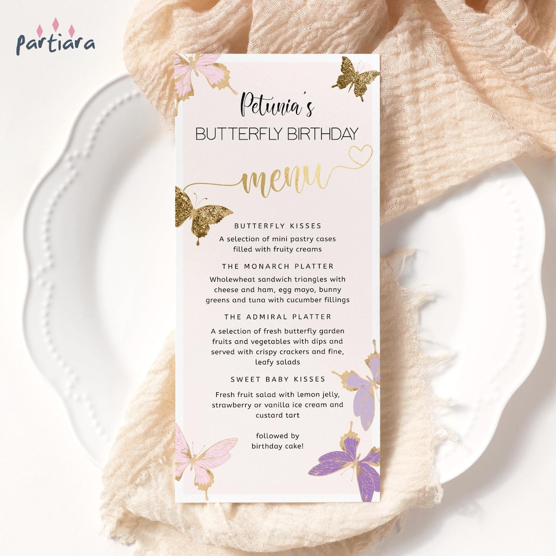 Butterfly Birthday Menu Card Printable Girl's Baby Shower Table Menus ...