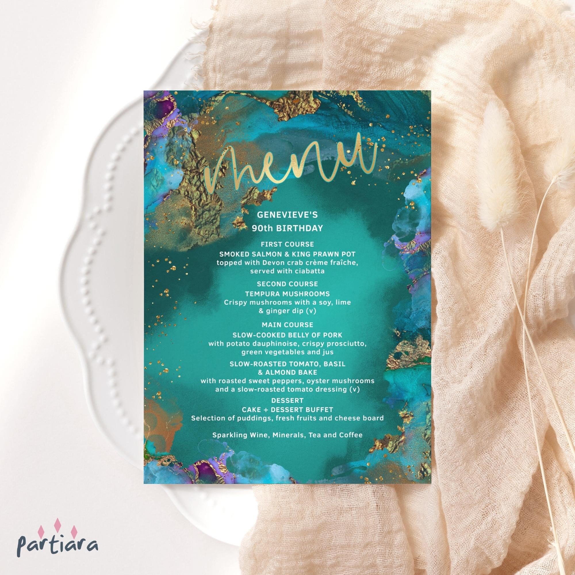 Emerald Gold Menu Card Birthday Dinner Party Menus Printable - Etsy