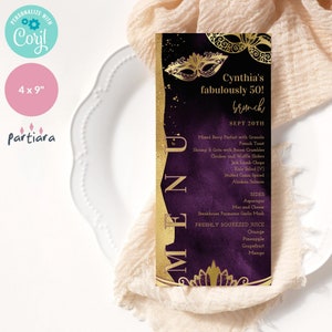 Masquerade Menu Template, Mardi Gras Menu Card, Birthday Dinner ...