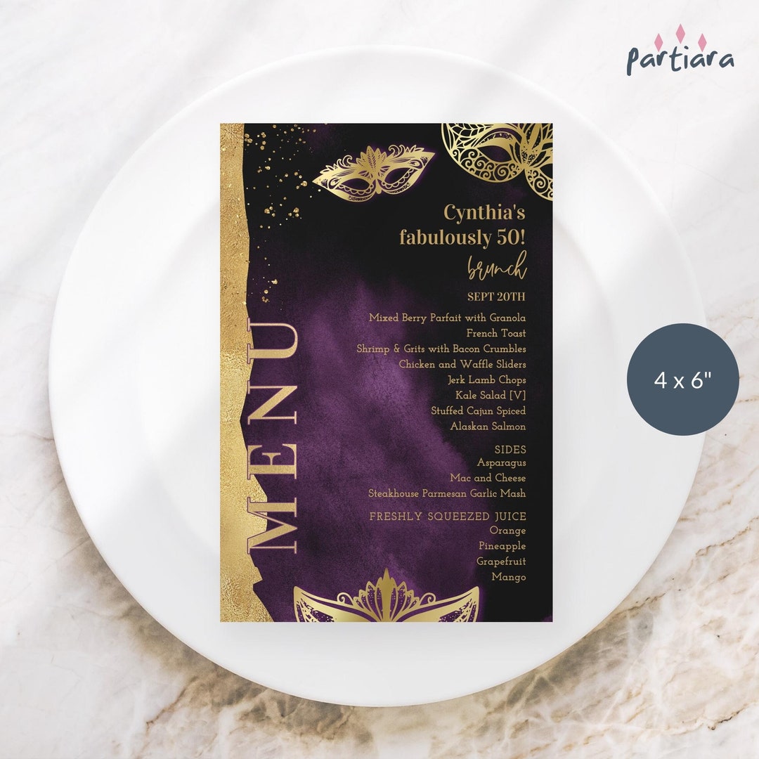 Masquerade Menu Printable, Mardi Gras Themed Table Menus, Birthday ...