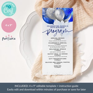 Royal Blue Program Cards Editable Silver Balloons Party Printable ...