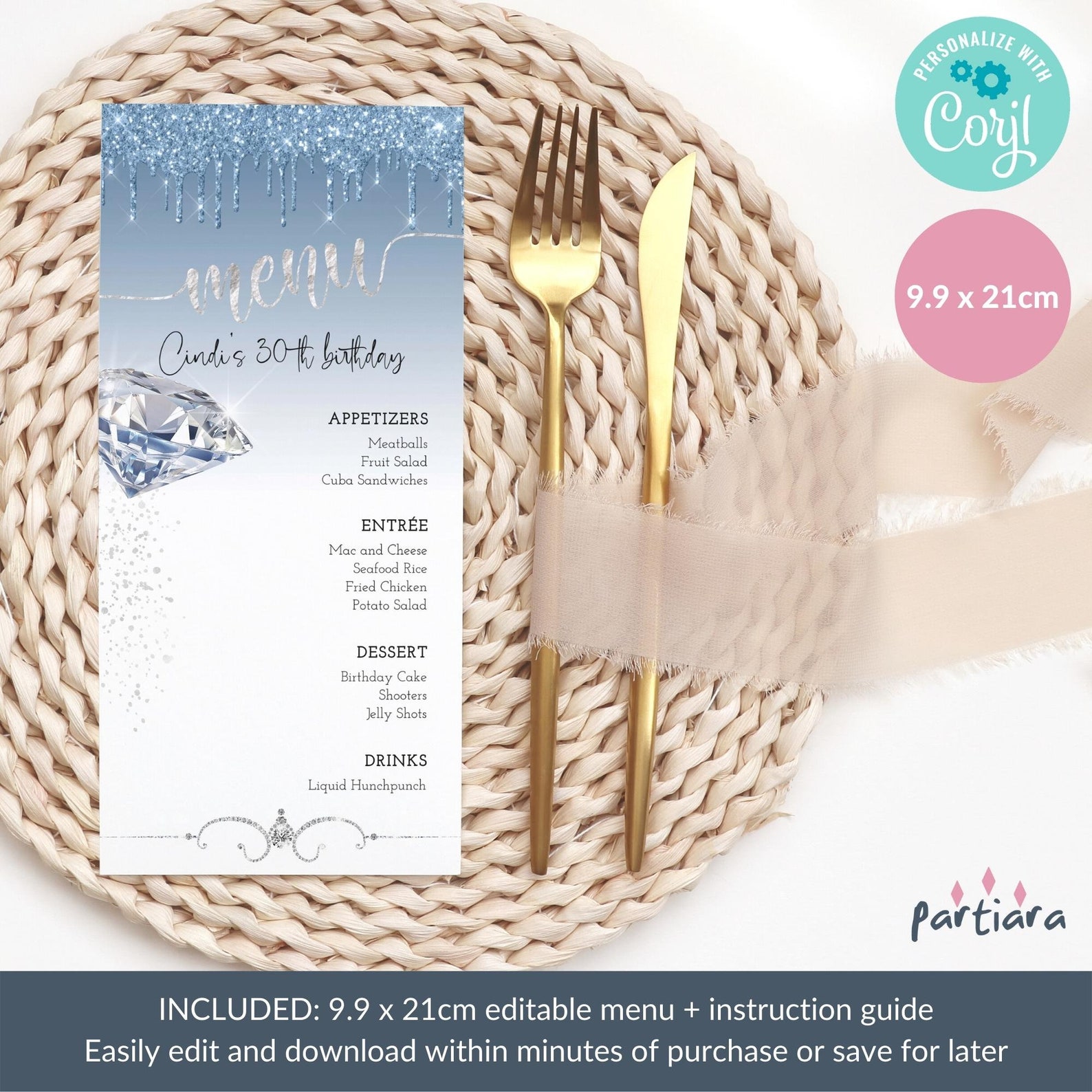 Editable Denim Birthday Menu Card Template Blue and Silver Dinner Party ...