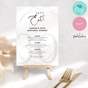 Birthday Menu Template Men or Ladies 30th 40th 50th 60th Dinner Party ...