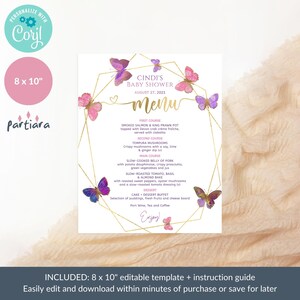 Butterfly Party Menu Sign Template, Girls Birthday Table Menus ...
