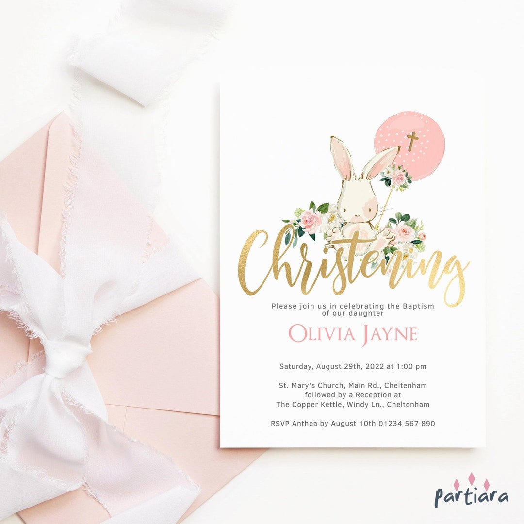 Editable Christening Invite Girl Bunny Floral Invitation - Etsy