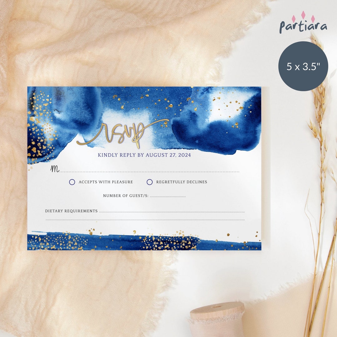 Royal Blue RSVP Card Editable Template, Birthday Invitation Response ...
