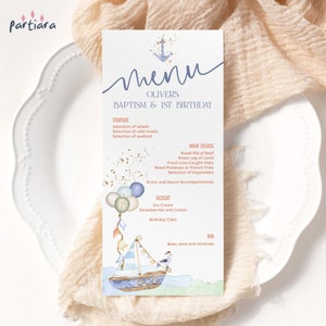 Nautical Menu Boy Baptism 1st Birthday Party Table Menus Printable Blue ...