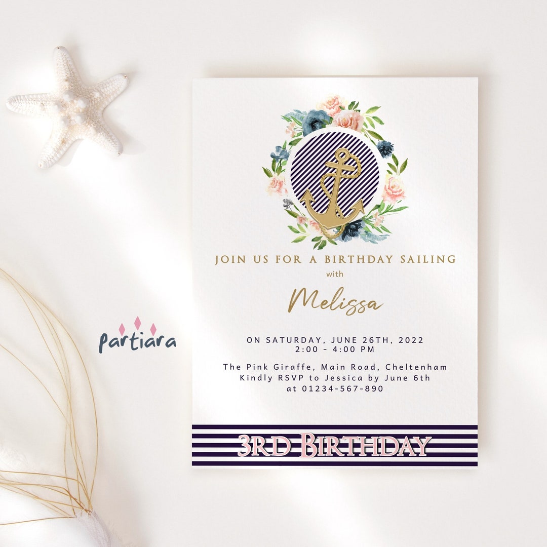 Nautical Birthday Invite Girls Water Beach Sailing Party Invitation ...