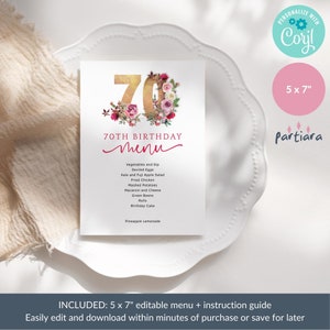 70th Birthday Menu Template, Ladies Brunch Lunch or Dinner Party ...
