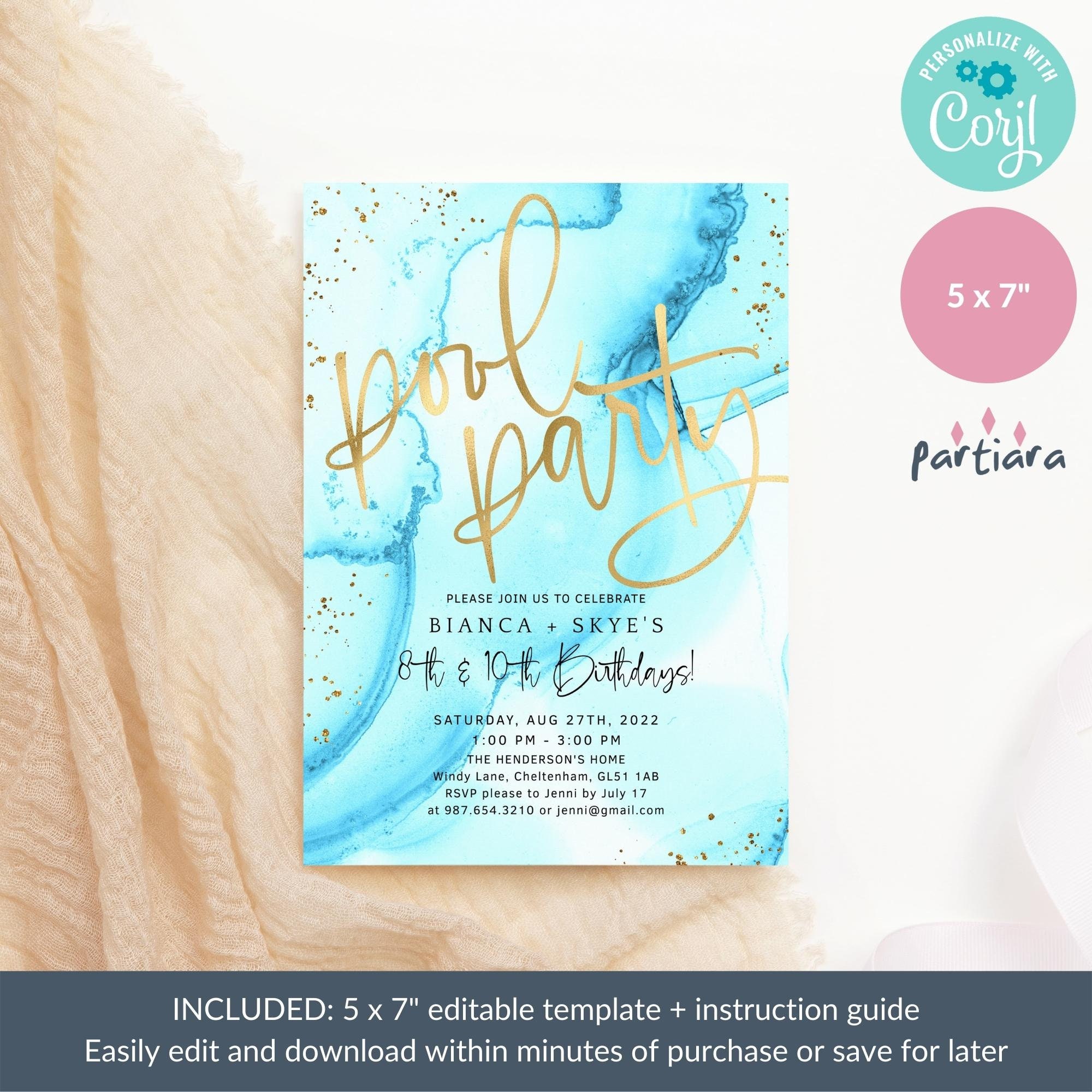 Sky Blue Pool Party Invitation Printable Birthday Swimming BBQ Invite ...