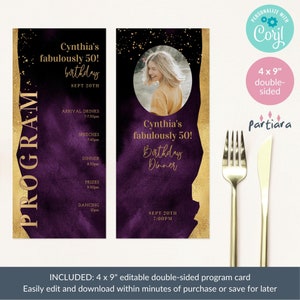 Purple Birthday Program Template, Editable Photo Programs Card ...