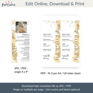 Editable Menu Program Card Template, Ladies All White and Gold Birthday ...
