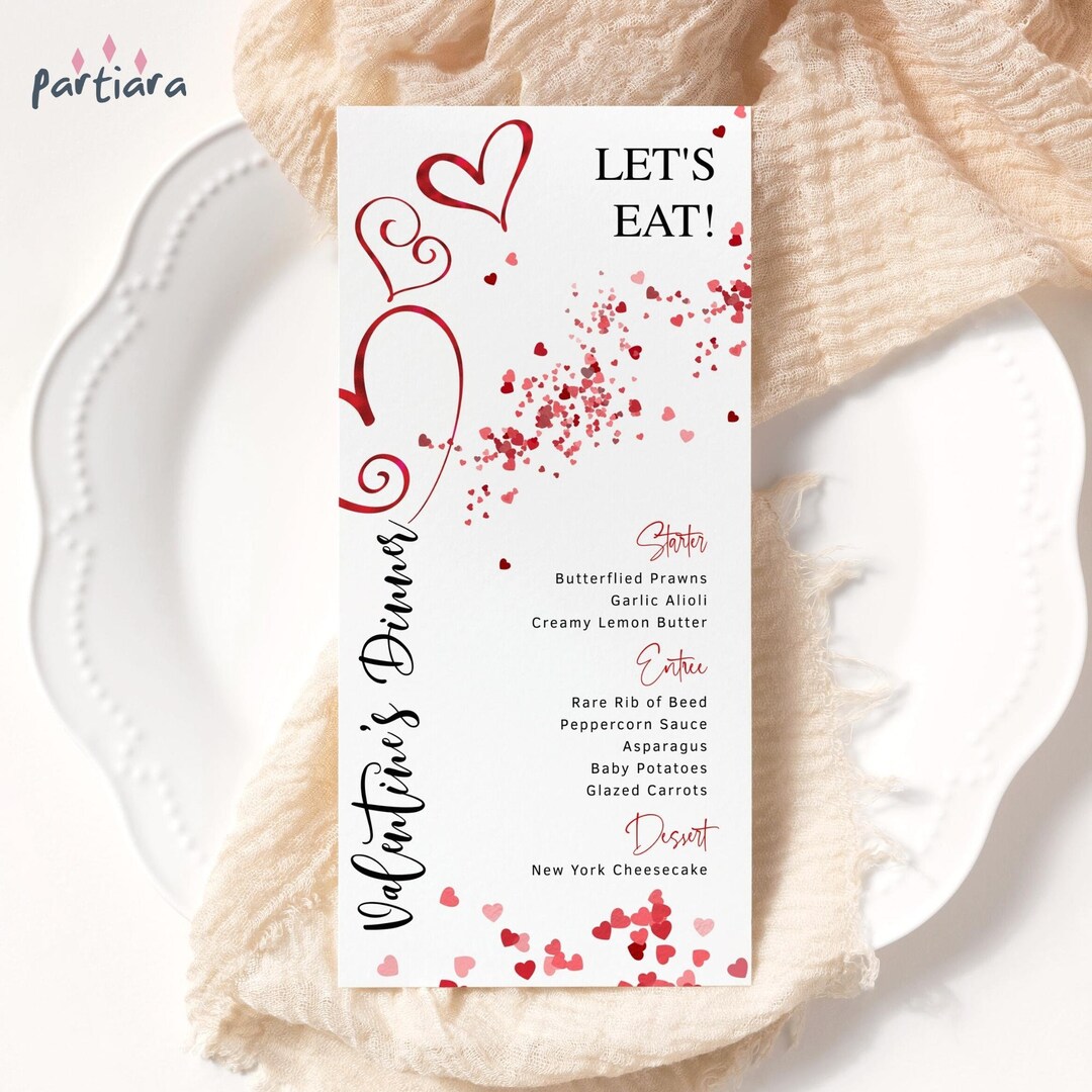Valentines Day Menu Printable Red Hearts Dinner Party Menus Anniversary ...