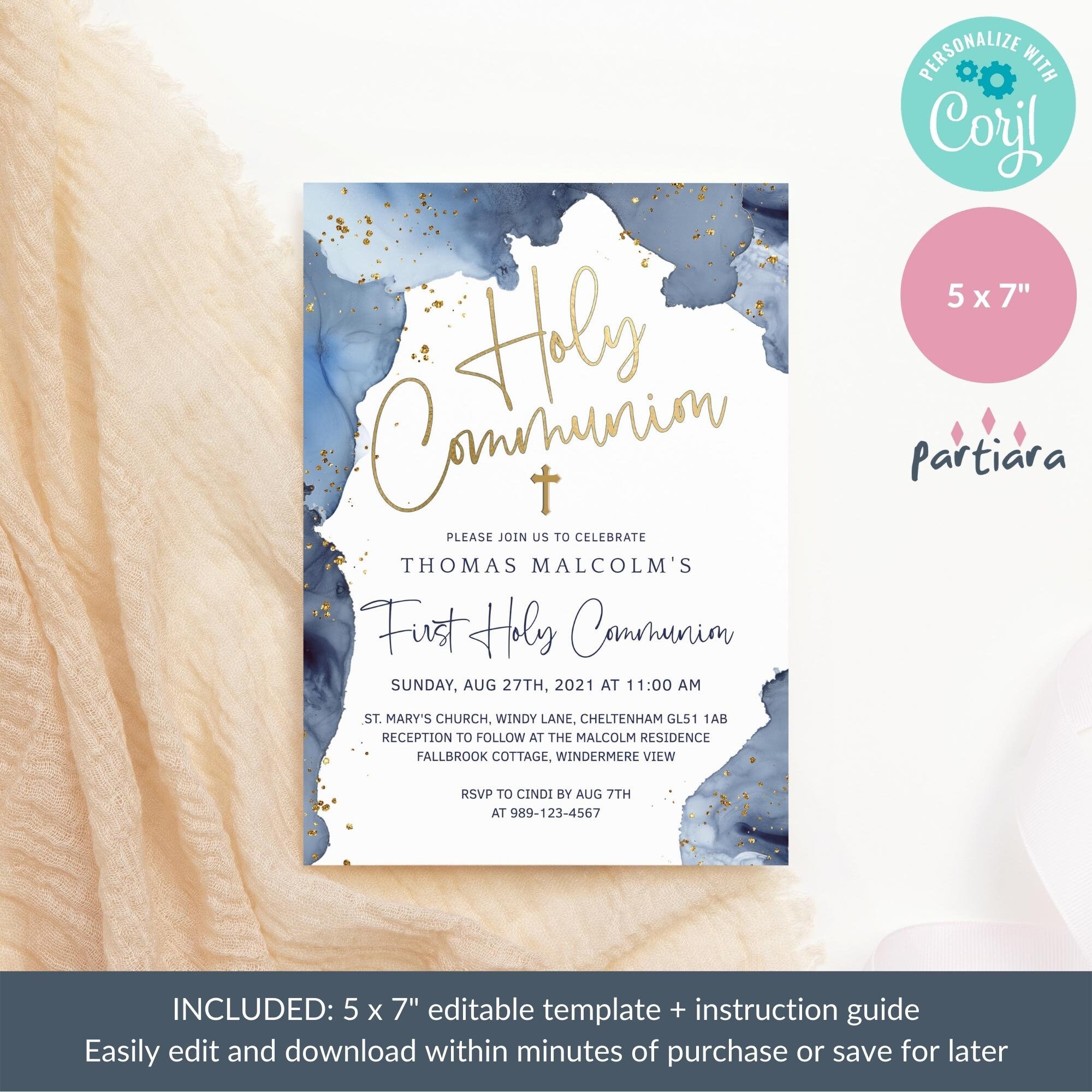 First Holy Communion Invite Boy Printable Navy Blue and Gold | Etsy
