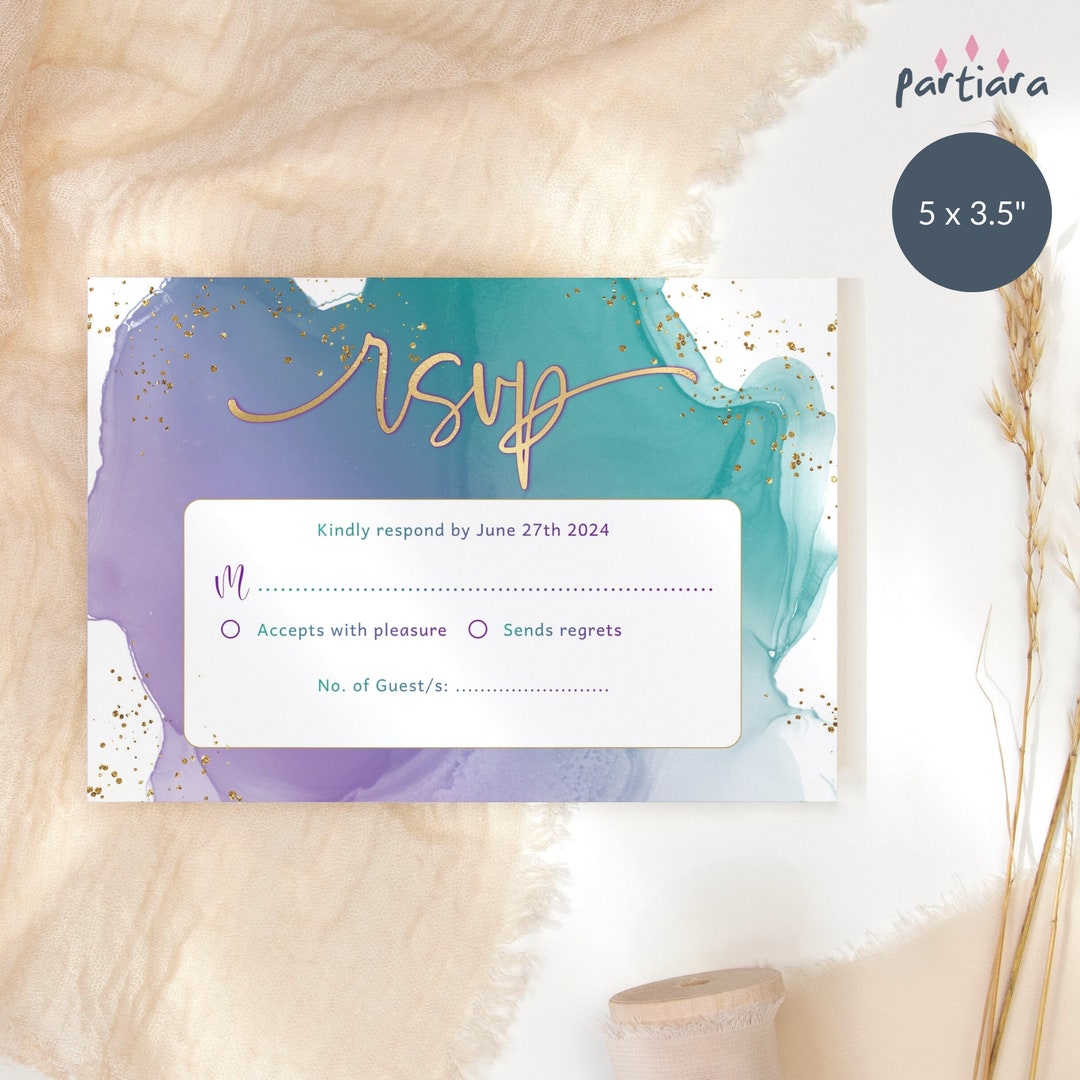 RSVP Card Template, Purple Teal Gold Birthday Invitation Inserts ...