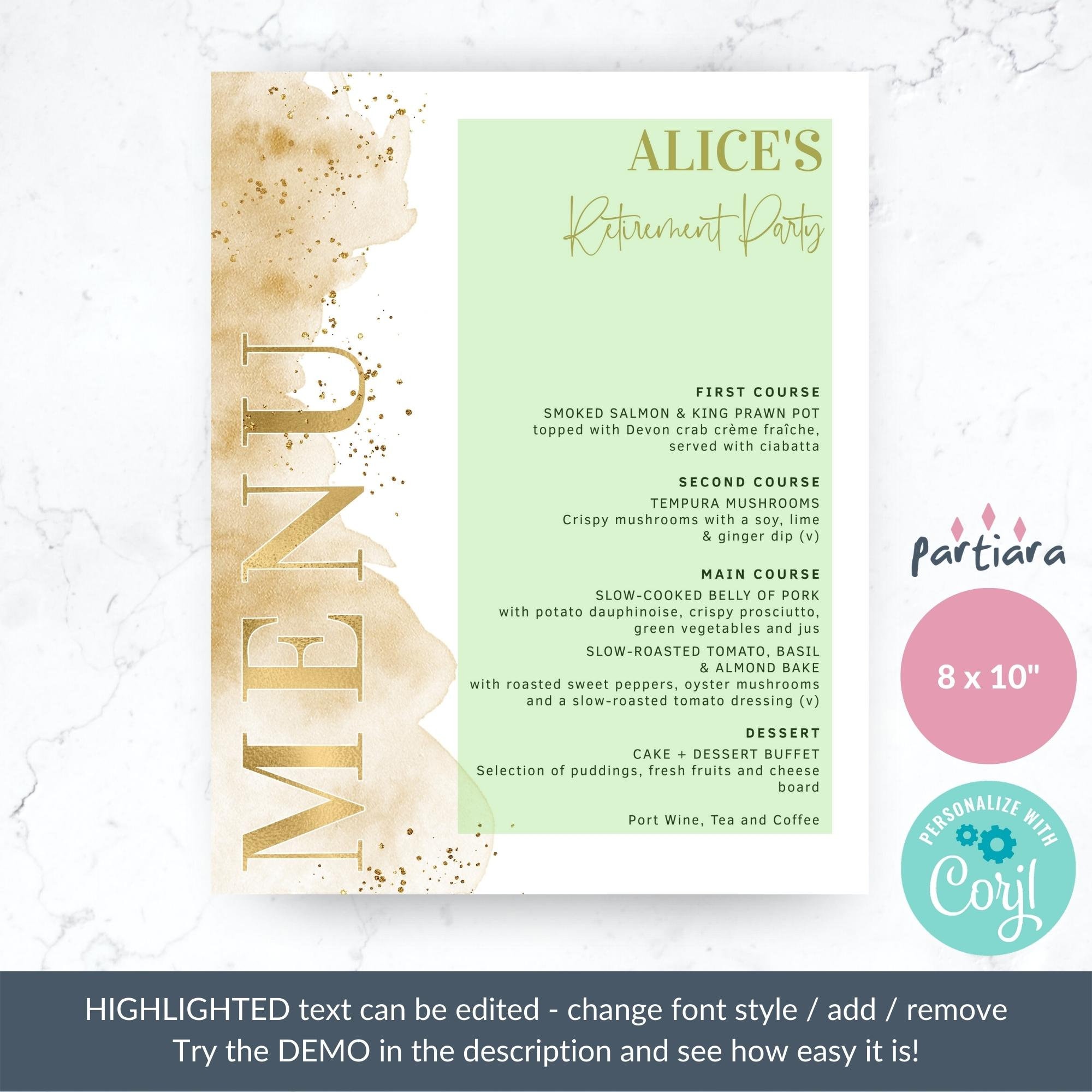 All White Gold Food Menu Card Editable 8x10 Template Ladies Birthday ...