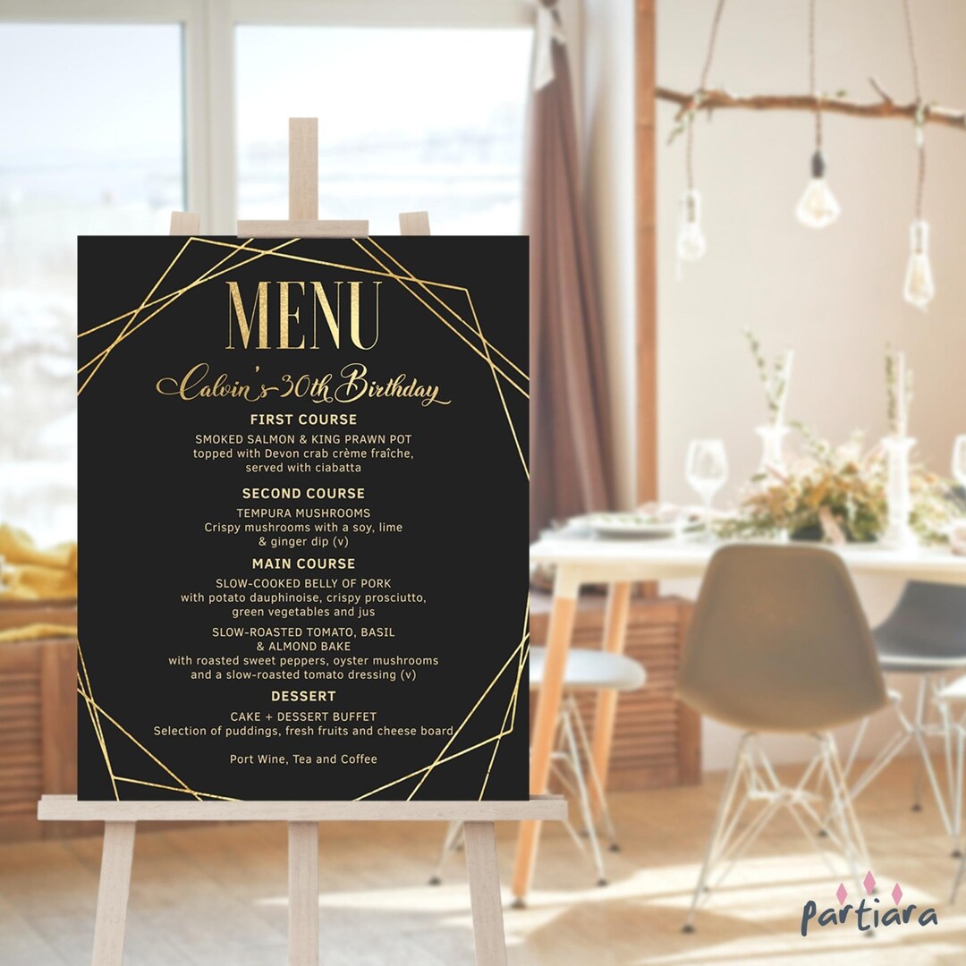 Editable Menu Sign, Birthday Dinner Party Menu Poster Printable, Black ...