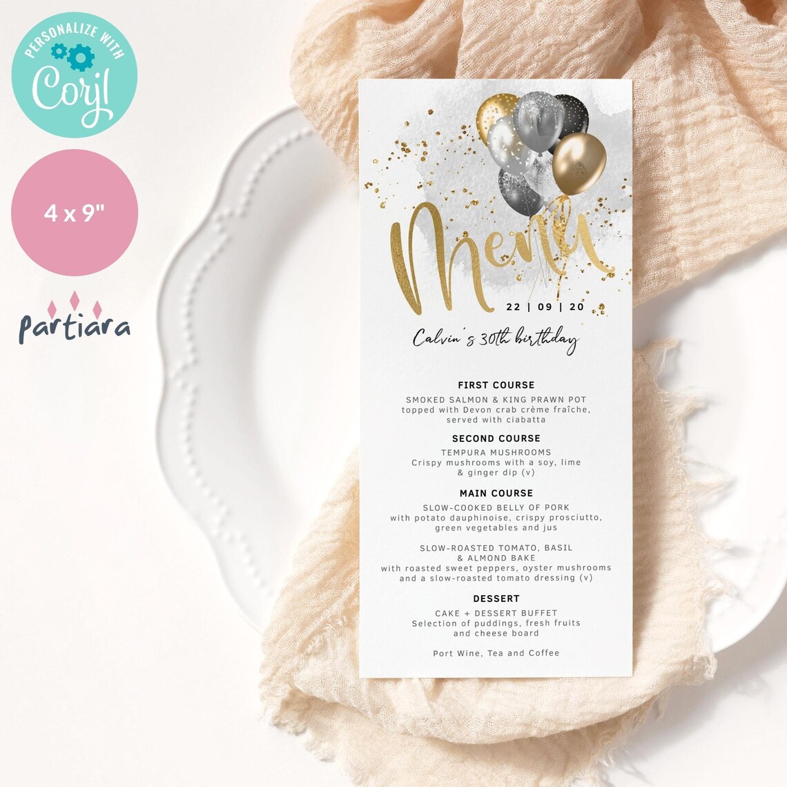 Black Silver Gold Menu Card Printable Balloons Mens or Ladies - Etsy
