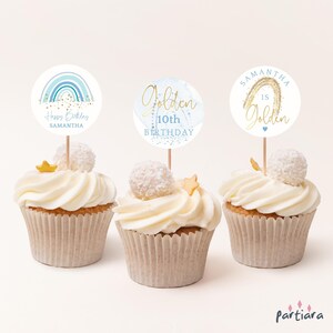 Golden Birthday Cupcake Toppers Printable Pastel Blue and Gold Rainbows ...