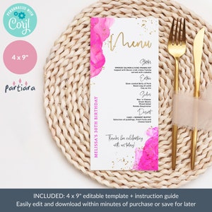 Ladies Pink Menu Card, Birthday Party Table Menus Printable, Hot Pinks ...