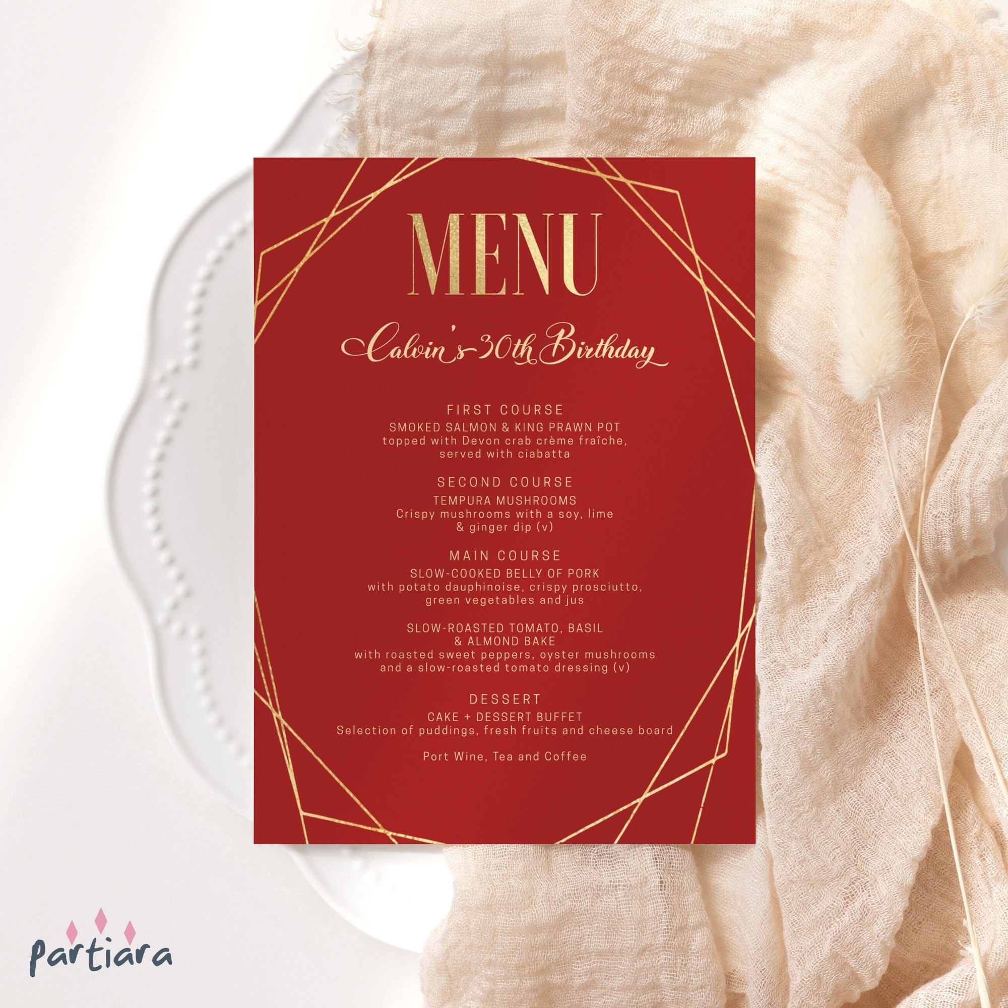 Birthday Dinner Menu Card Template, Red and Gold Party Menus Printable ...