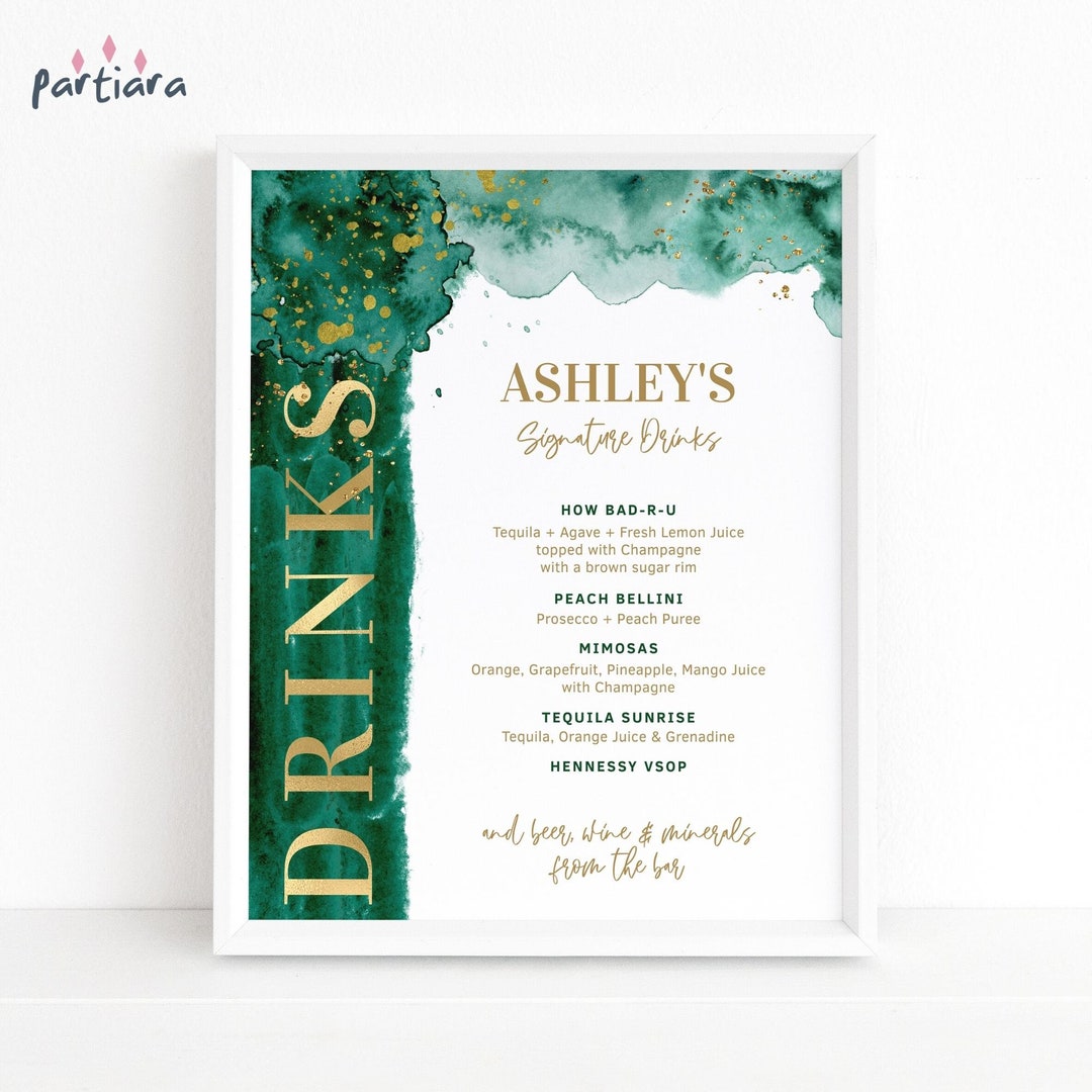 Emerald Green Signature Drinks Menu Printable Men or Ladies Birthday ...