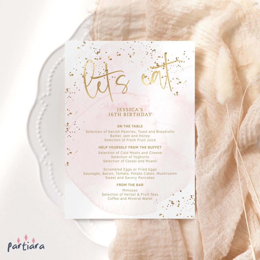Pastel Blush Pink Menu Teen Girl Birthday Menus Printable Ladies Brunch ...