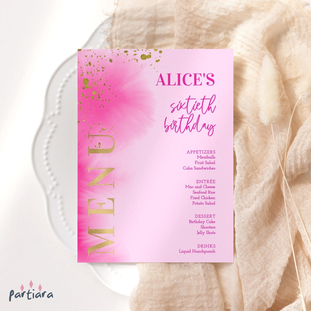 Pink Menu Editable Birthday Dinner Menu Card Template, Girls Party ...