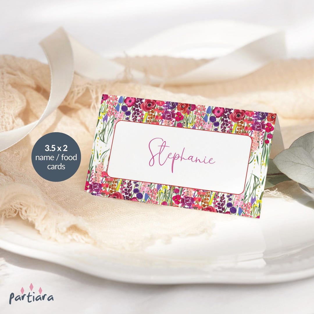 Summer Floral Placecards, Birthday Garden Party Place Card Template ...