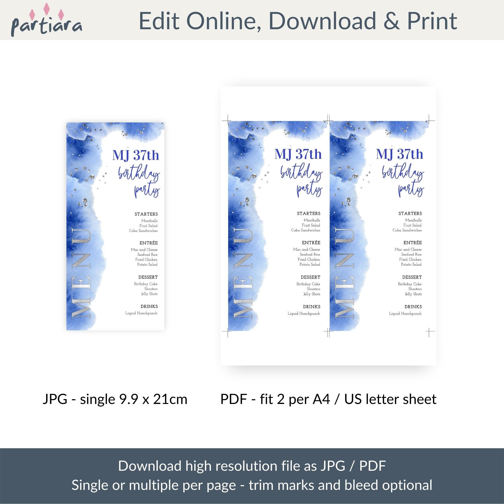 Blue Menu Card Editable Template, Royal Blue Menus Printable, Fathers ...