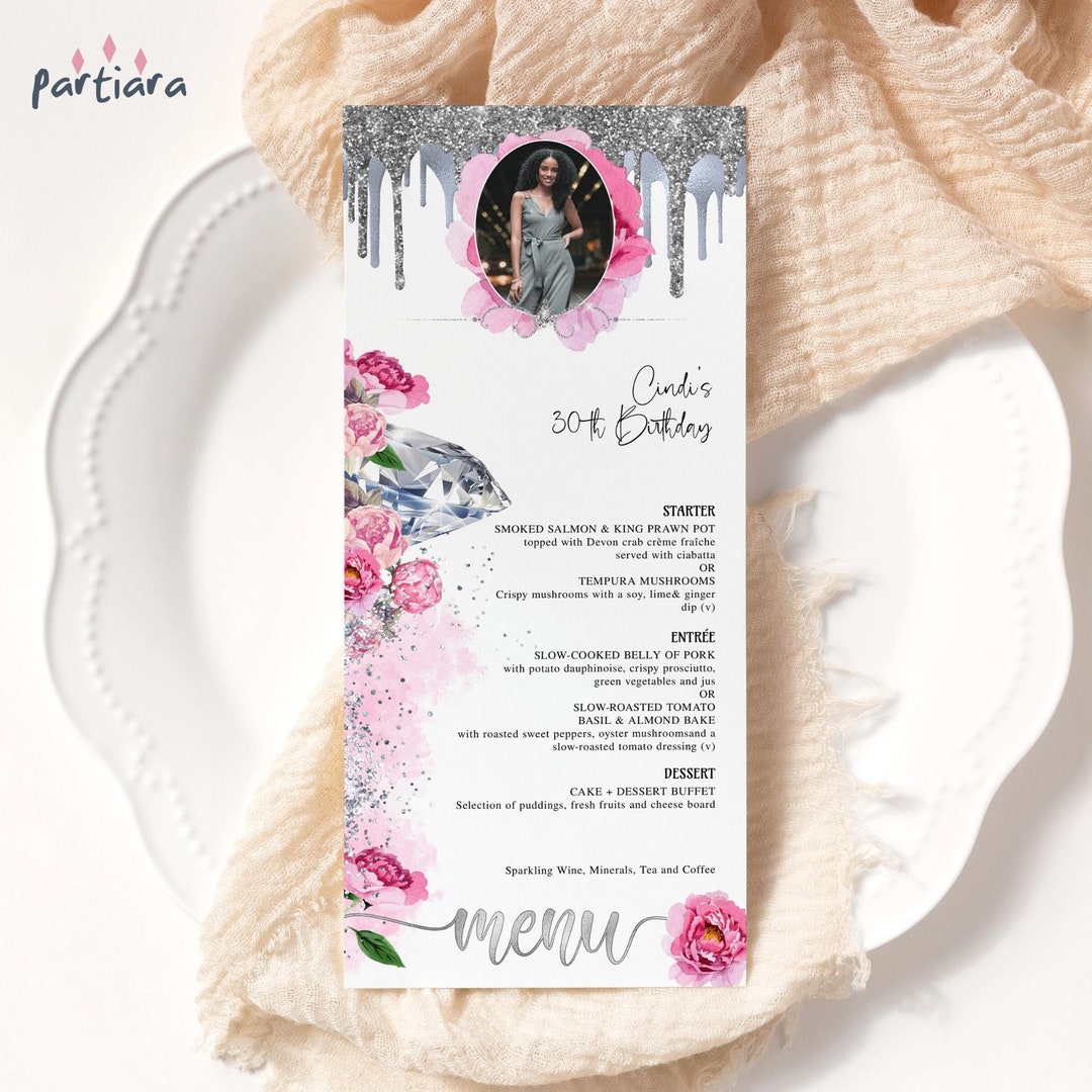 Pink Silver Birthday Photo Menu Card Printable Ladies Dinner Party Slim ...