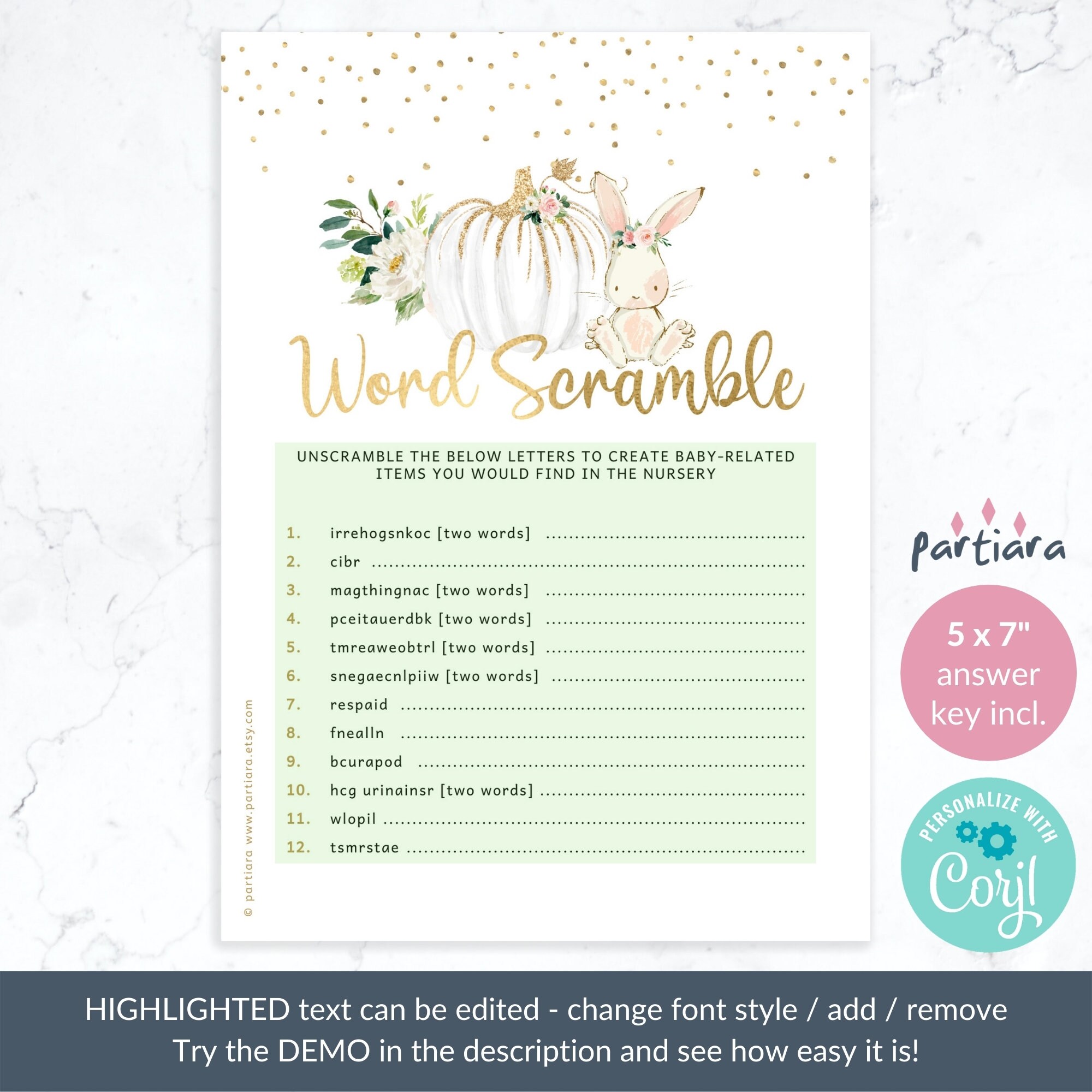 Bunny Baby Shower Game Word Scramble Quiz Editable Template for Girls ...