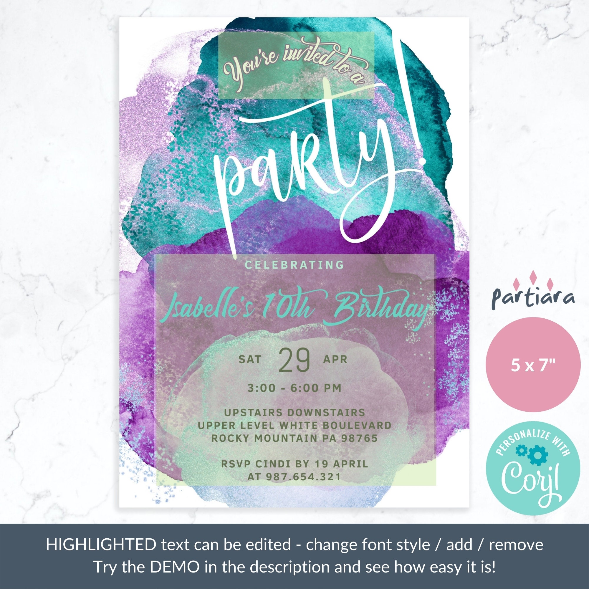 Teal Purple Birthday Invitation Editable Let's Party - Etsy