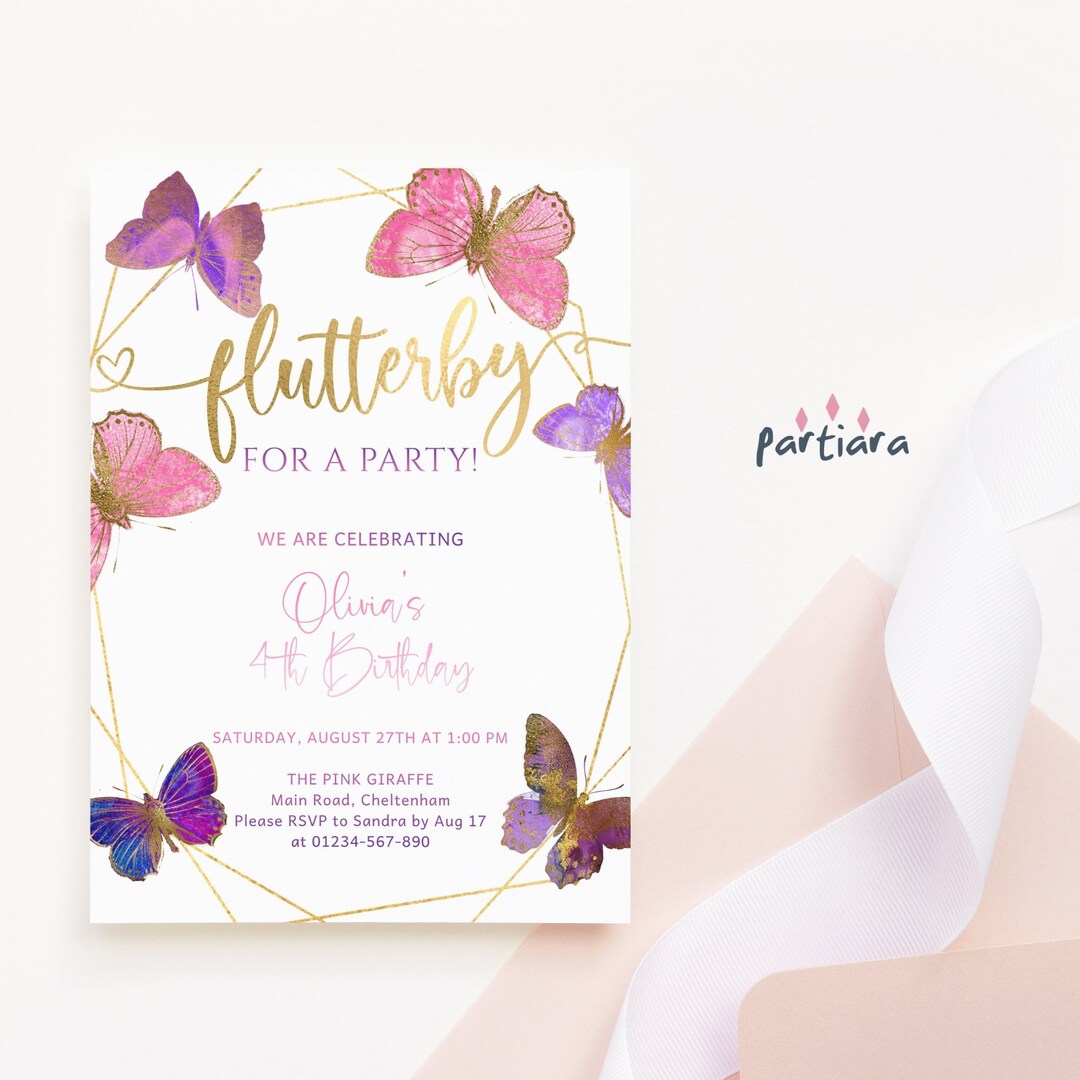 Birthday Butterfly Invite Template, Girls Flutterby Party Invitation ...
