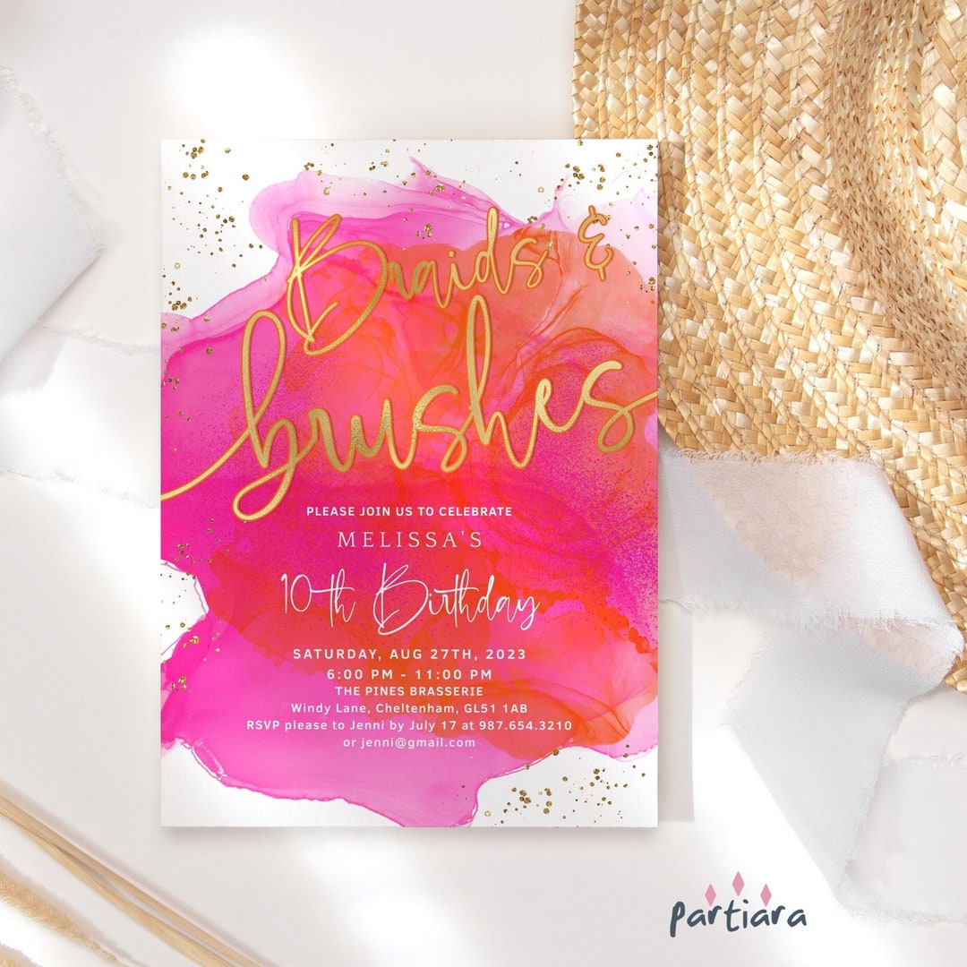 Braids and Brushes Birthday Invite Tropical Hot Pink Orange Pamper ...