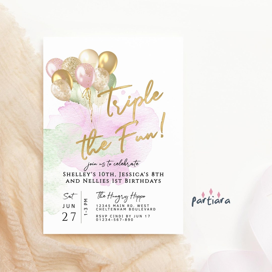 Girl Siblings Invitation, Triple Party Invite Printable, Blush Pink ...