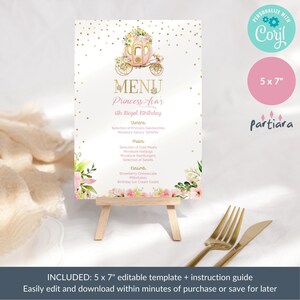 Princess Birthday Menu Printable Girls Fairytale Carriage Menus Pink ...