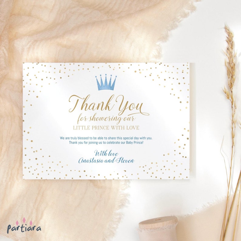 Prince Crown Thank You Card, Boy Baby Shower Fairytale Notecards ...