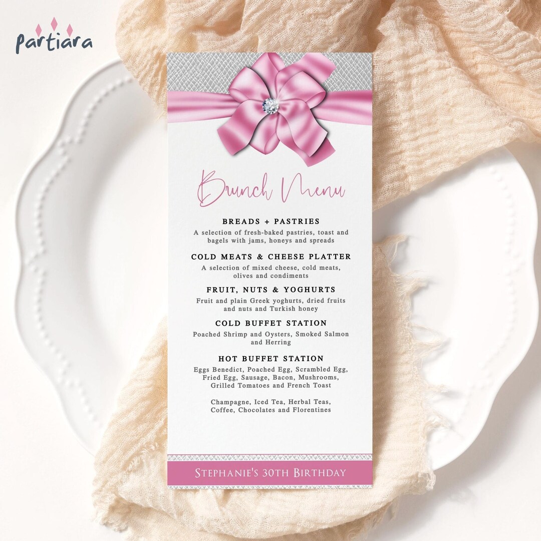 Birthday Brunch Menu Template, Pink Silver Dinner Party Table Decor ...