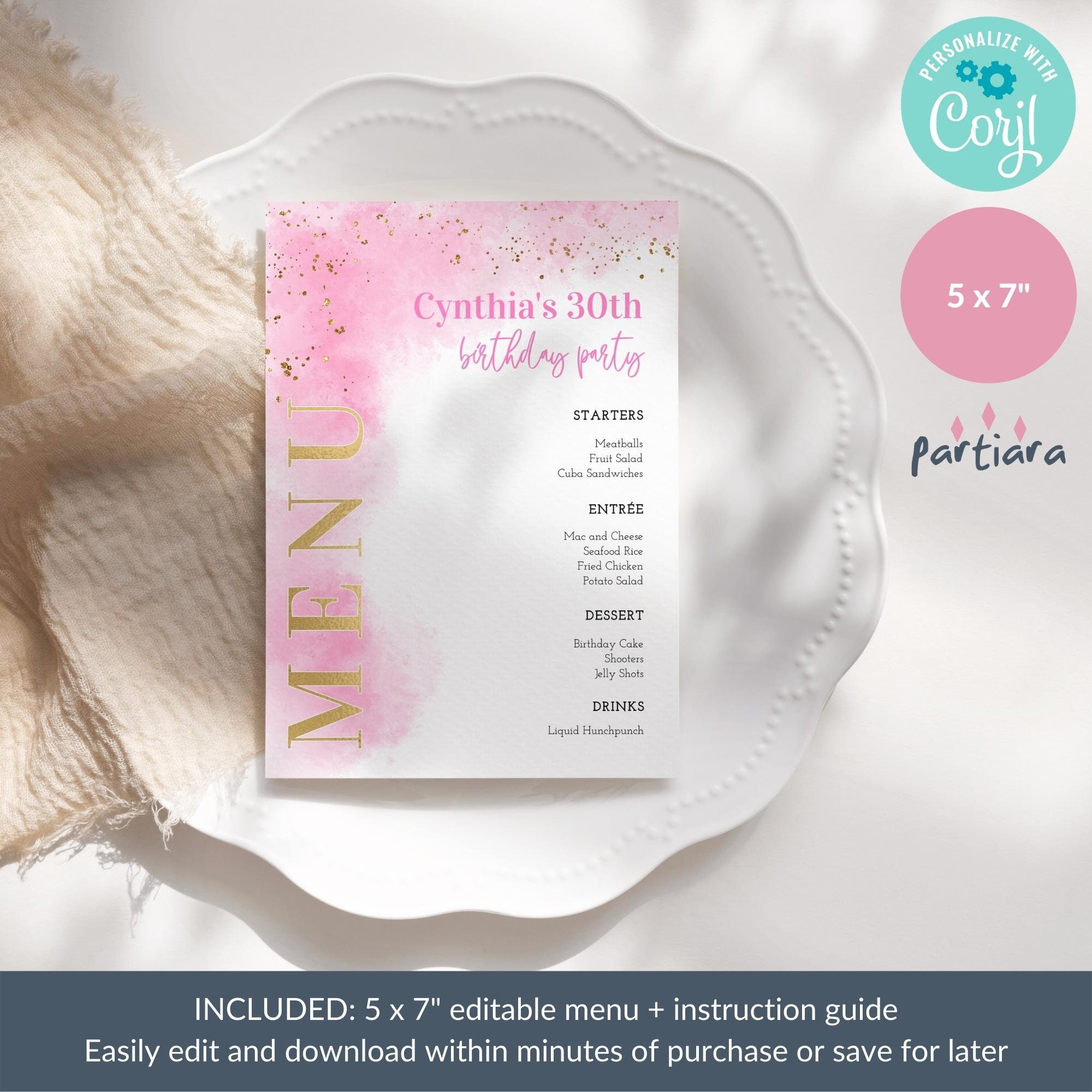 Editable Ladies Birthday Menu Candy Pink and Gold Brunch Lunch - Etsy