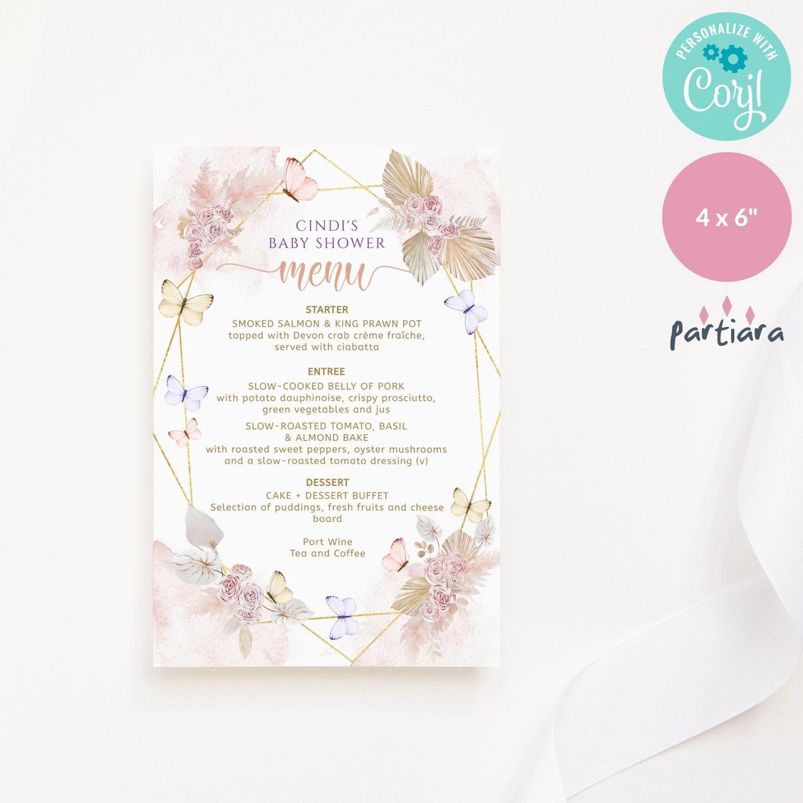Butterfly Baby Shower Menu Card Template, Girls Boho Birthday Party ...