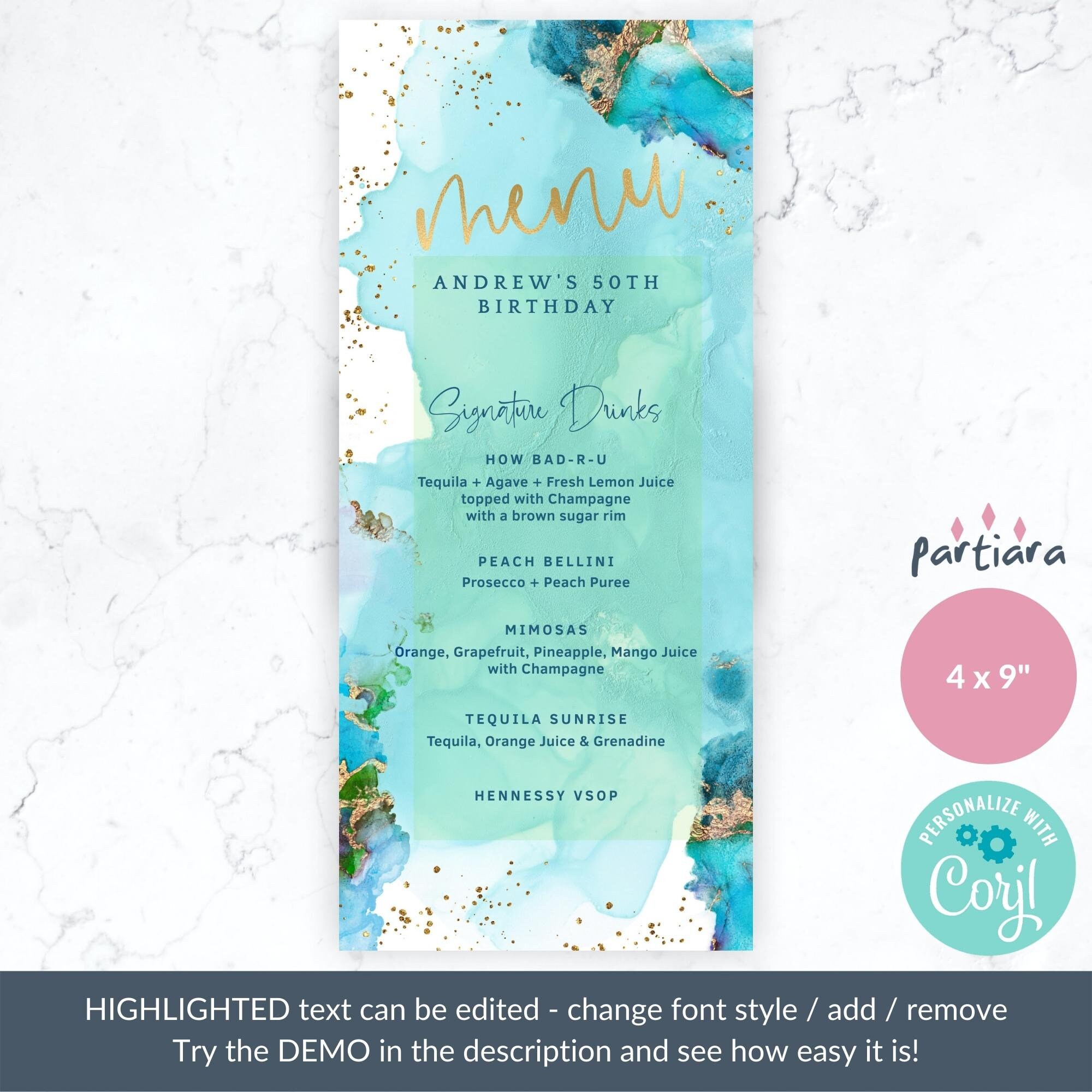Teal Gold Menu Editable Birthday Signature Drinks Table Menus - Etsy