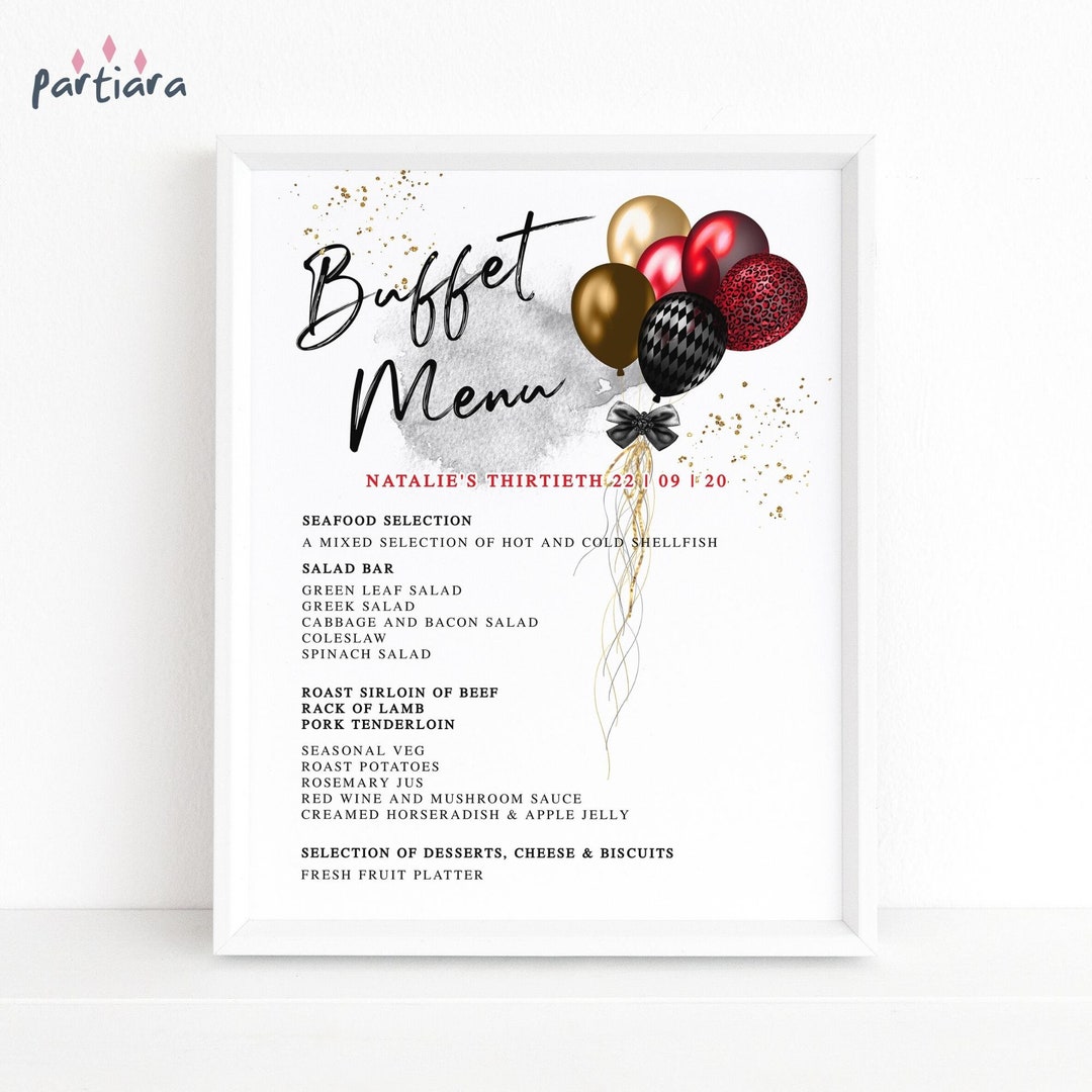 Editable Buffet Menu Sign Template, Mens Birthday Dinner Party Table ...
