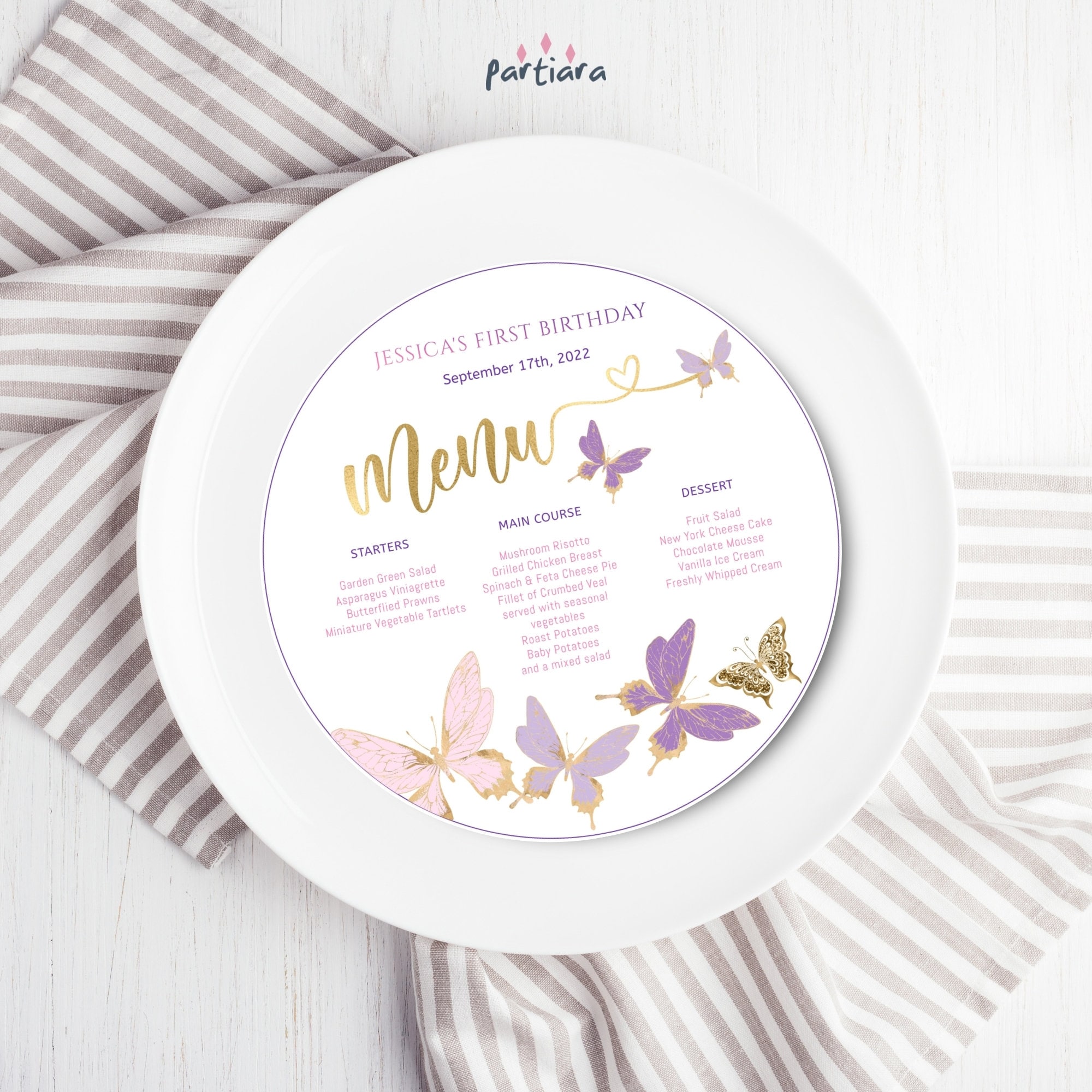 Butterfly Menu Card Editable Round Plate Charger Menus DIY | Etsy
