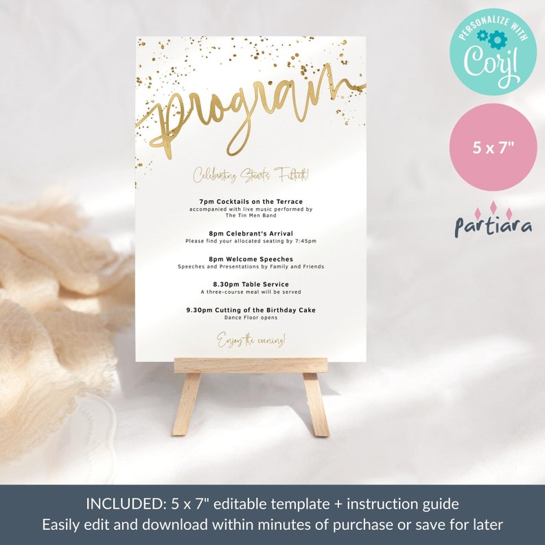 White & Gold Birthday Dinner Program Template: Retirement Party Decor ...