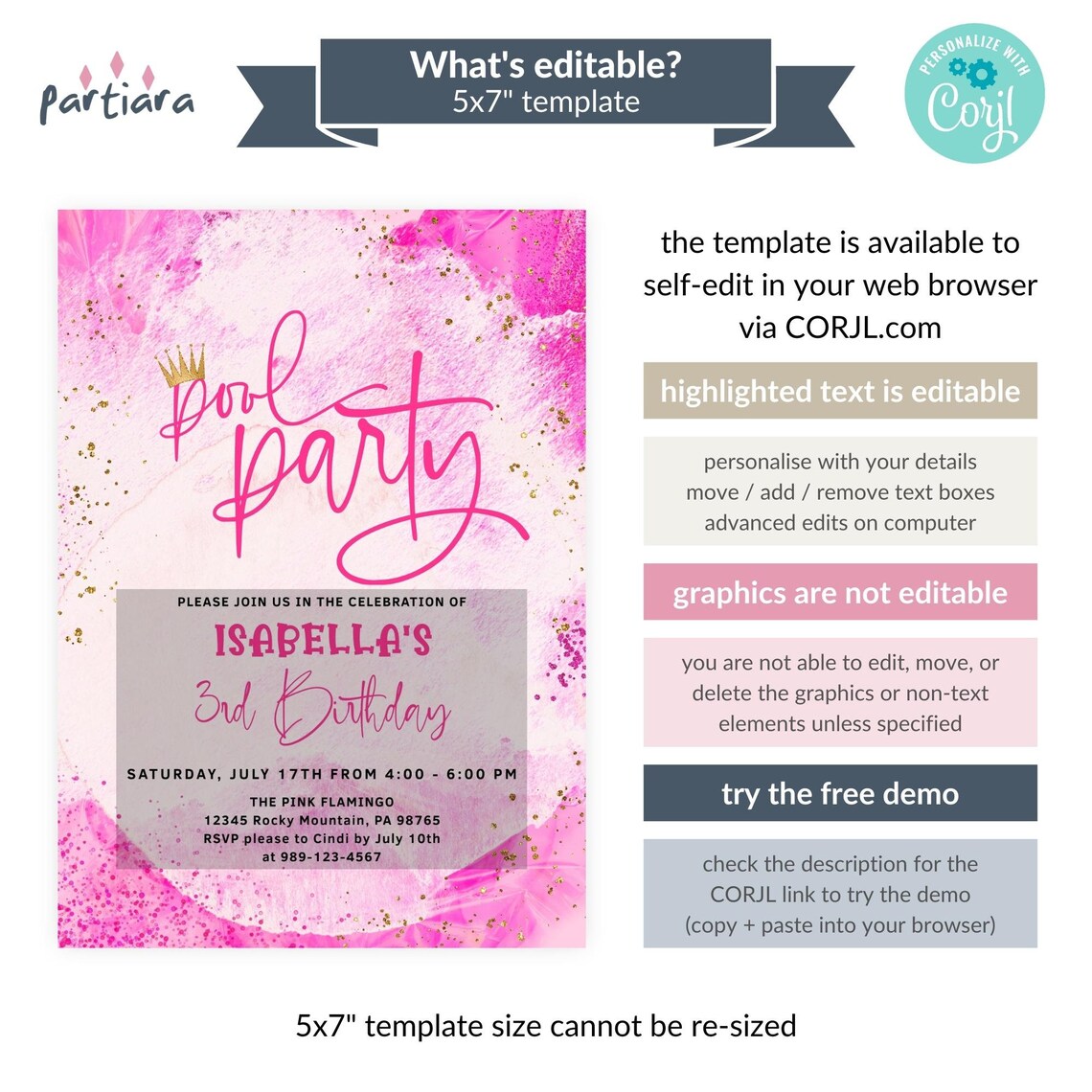 Princess Pool Party Invitation Printable Hot Pink Gold Girl - Etsy