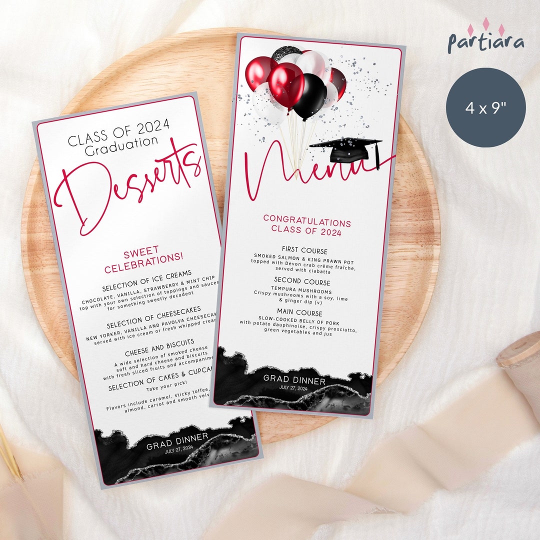Red Graduation Menu Template Printable, Boys or Girls Party Table Menus ...